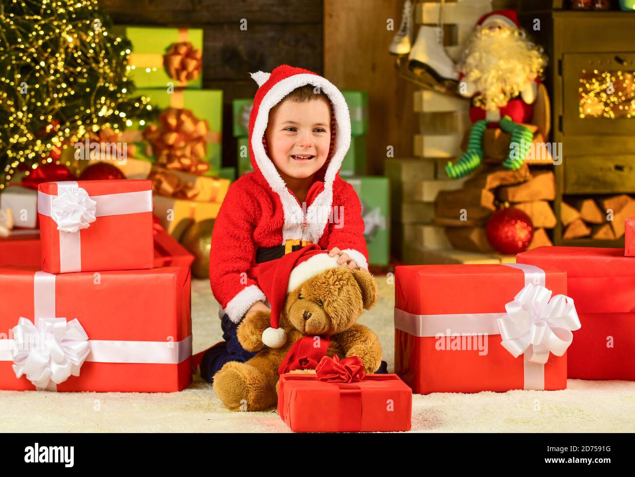 Happy childhood. Winter holidays. Kid fun home. Merry christmas ...