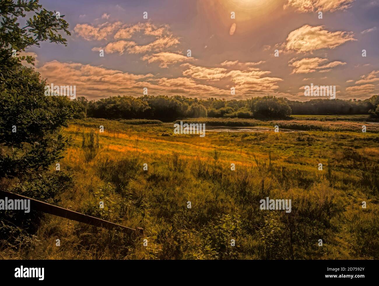 Lovely Autumn landscape early morning over fields and lake with a ...