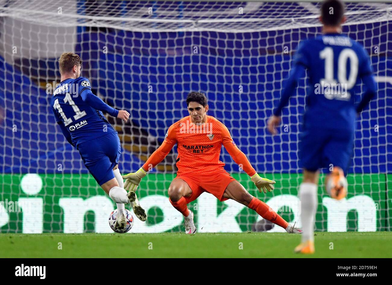 Chelsea’s Timo Werner goes round Sevilla goalkeeper Yassine Bounou but ...