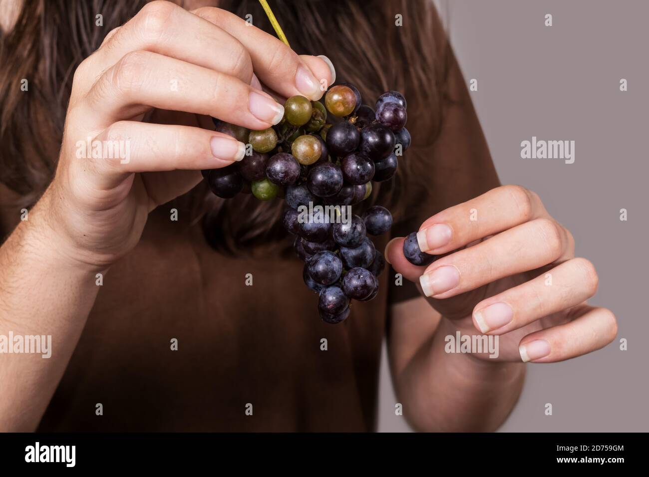 Someone holding a bunch of little ripe grapes in one hand and taking a ...