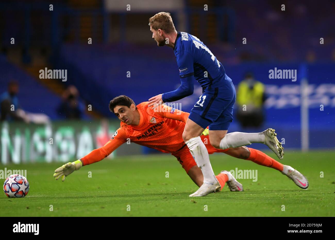 Chelsea’s Timo Werner goes round Sevilla goalkeeper Yassine Bounou but ...