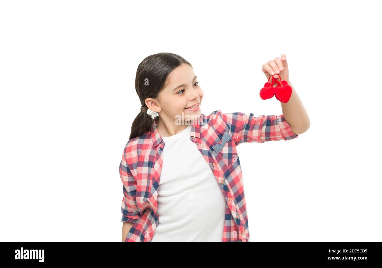 One person, thousand feelings. Small girl holding hearts toys. Cute ...