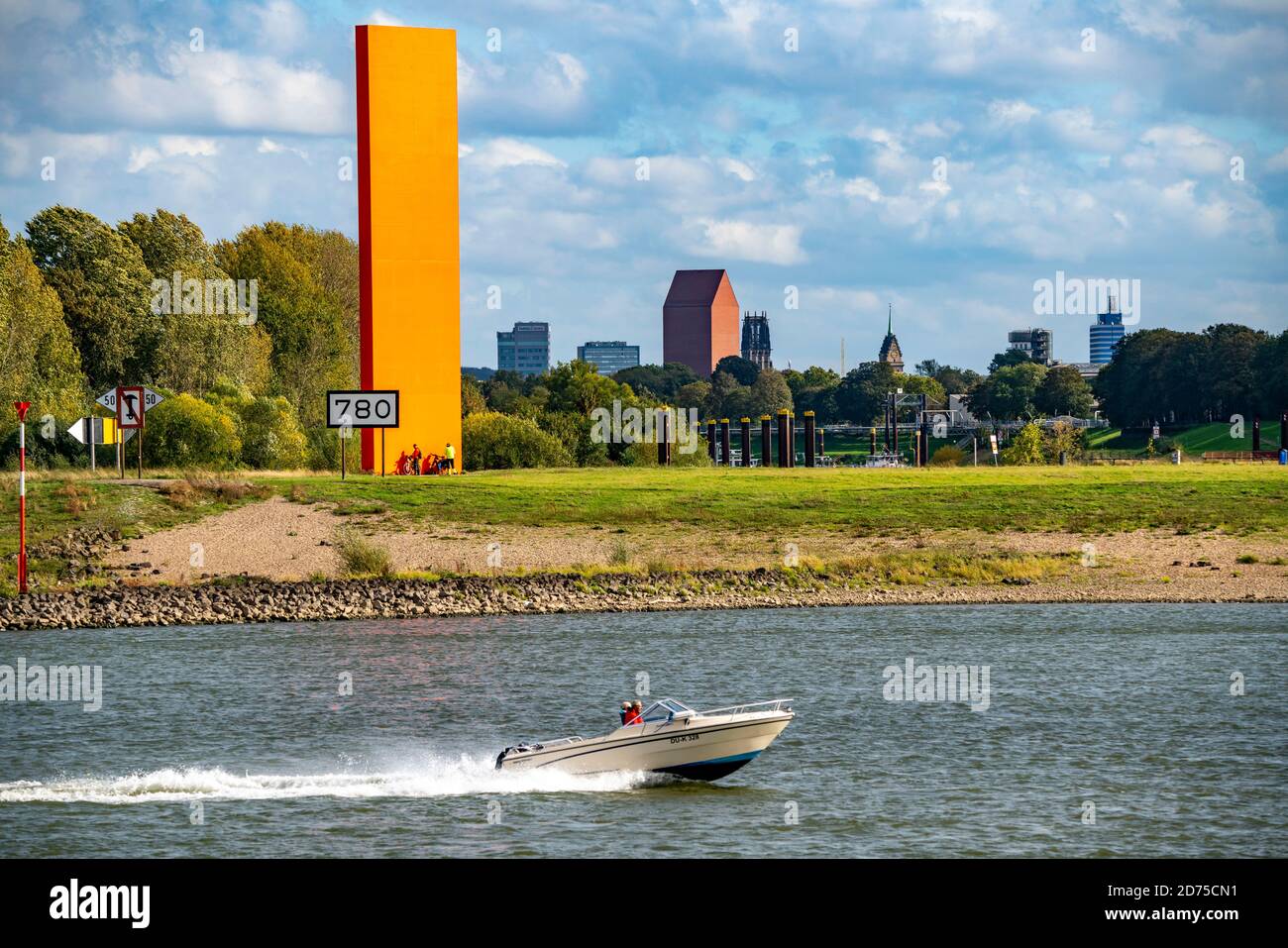 The Rhine Orange sculpture at the mouth of the Ruhr and Rhine, skyline ...