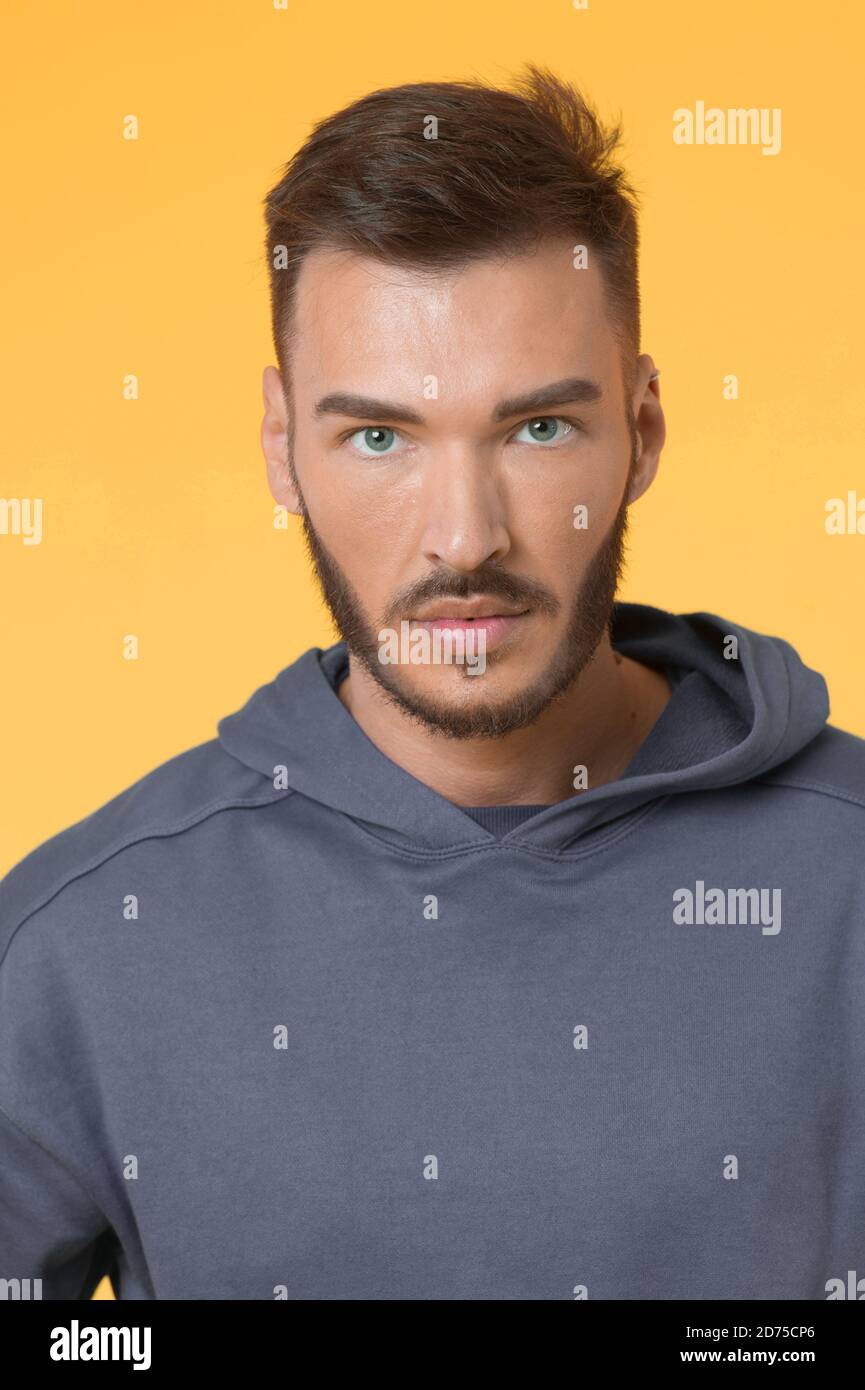 Male beauty. Macho with smooth healthy skin. Man bearded confident face ...