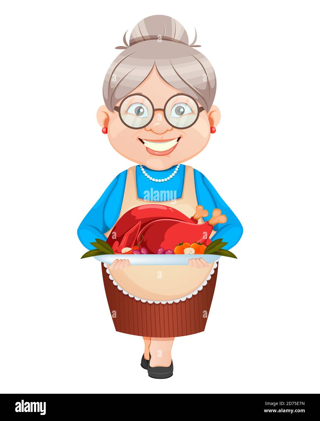 Happy Thanksgiving day. Grandma cartoon character holding roast turkey ...