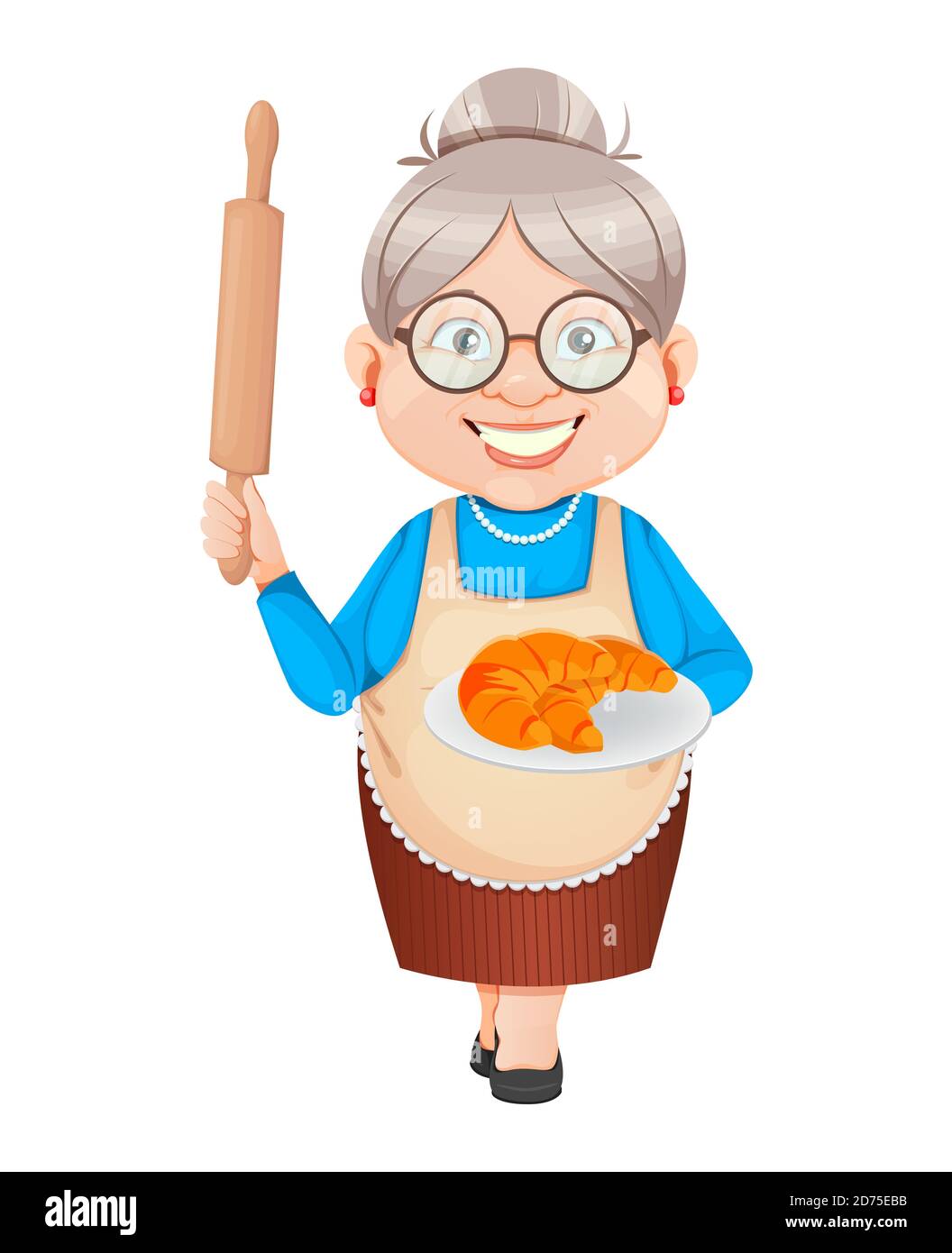 Grandma cartoon character holding plate with tasty croissants. 8 March ...