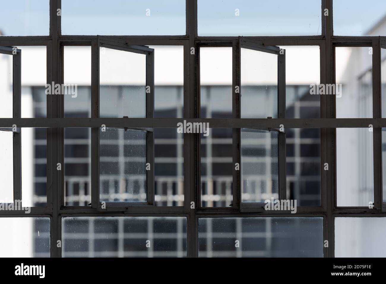 Big window front with partially opened windows of the Bauhaus in Dessau ...