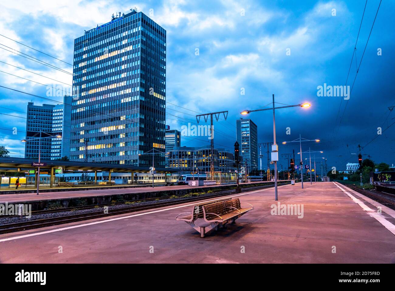 The main station in Essen, office building, evening skyline, Essen, NRW ...