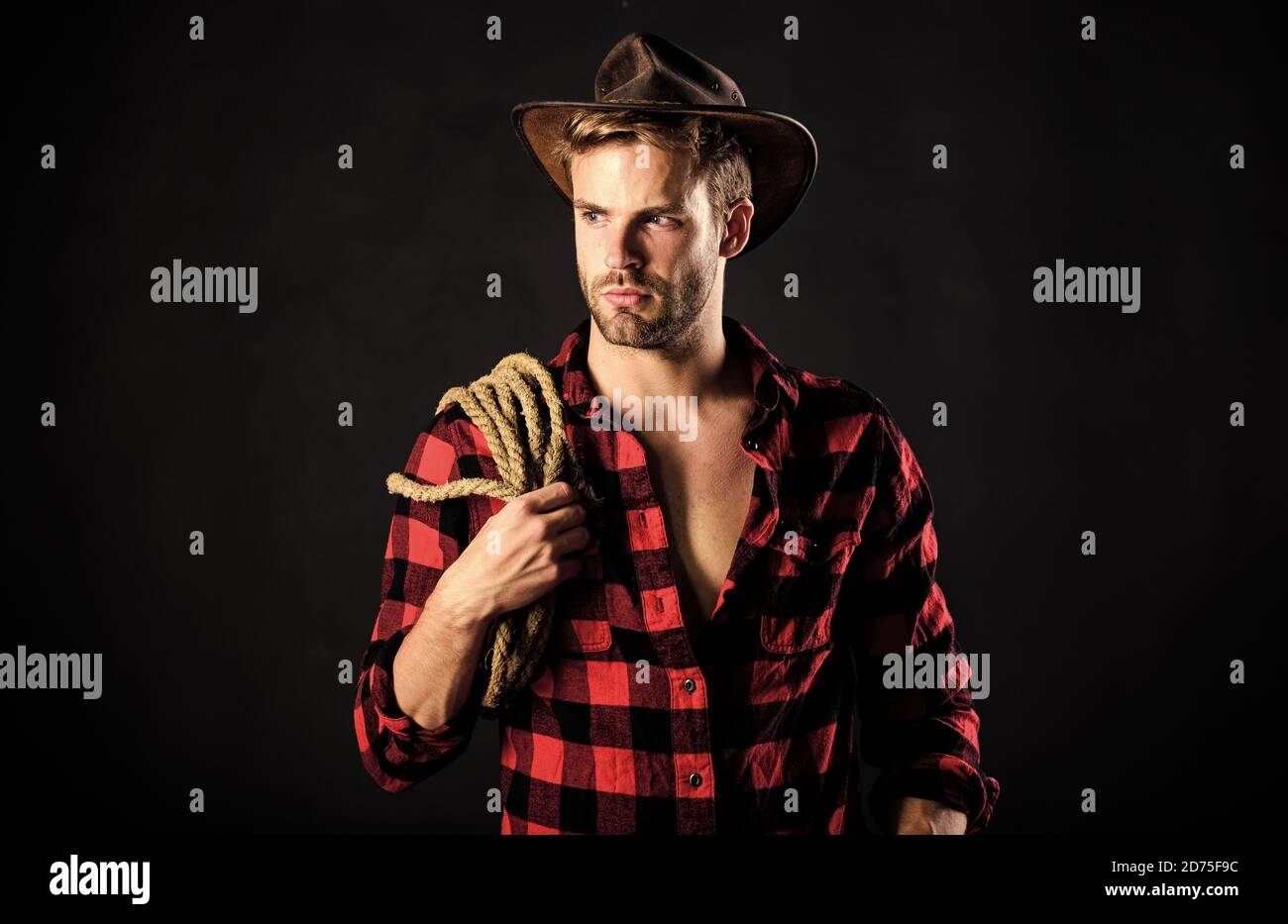 Lassoing on prairie. Man unshaven cowboy black background. Cowboy ...
