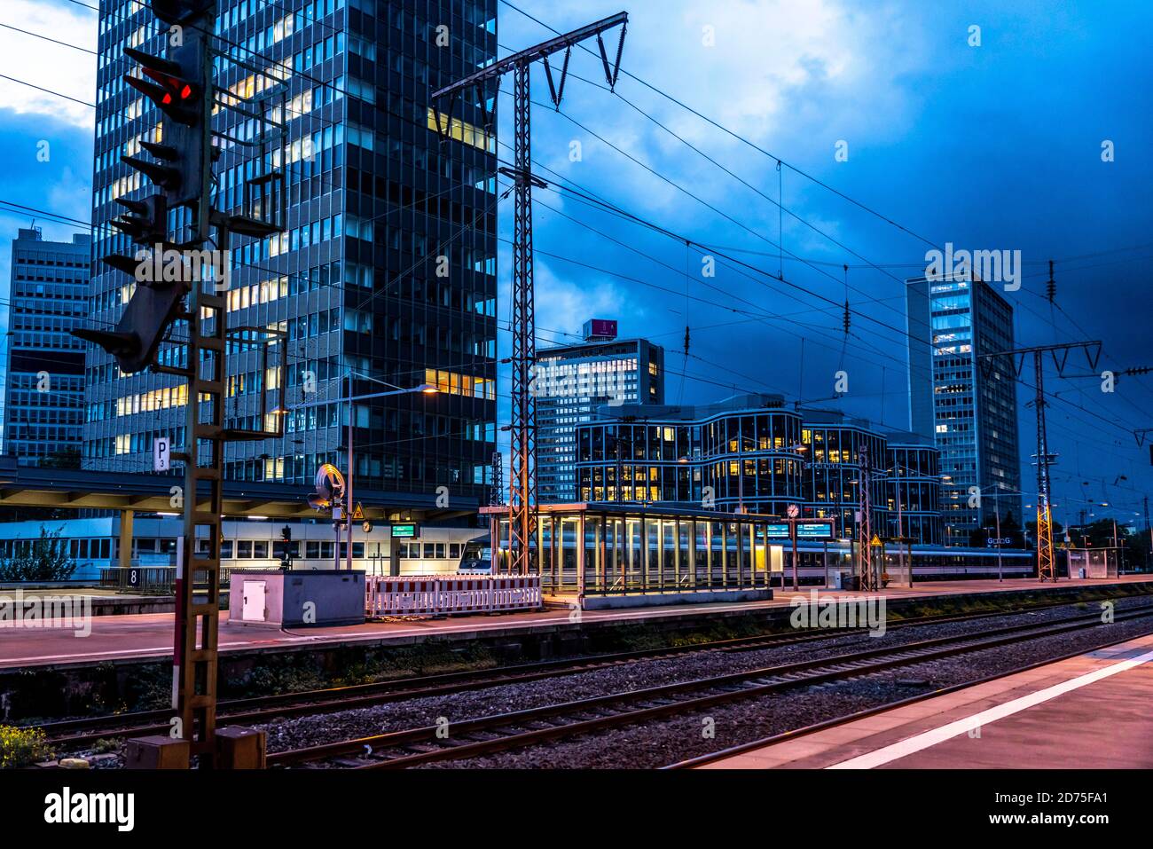 The main station in Essen, office building, evening skyline, Essen, NRW ...