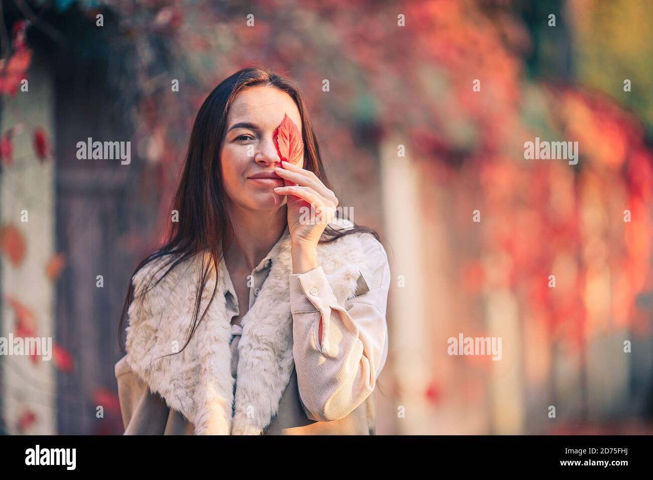 Fall concept - beautiful woman in autumn park under fall foliage Stock ...