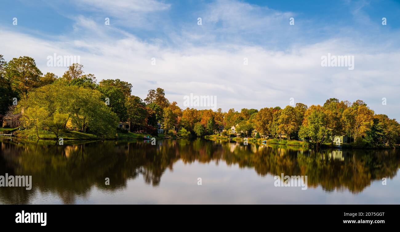Reston, VA, USA --Oct 20, 2020. Wide angle photo of Lake Newport and ...