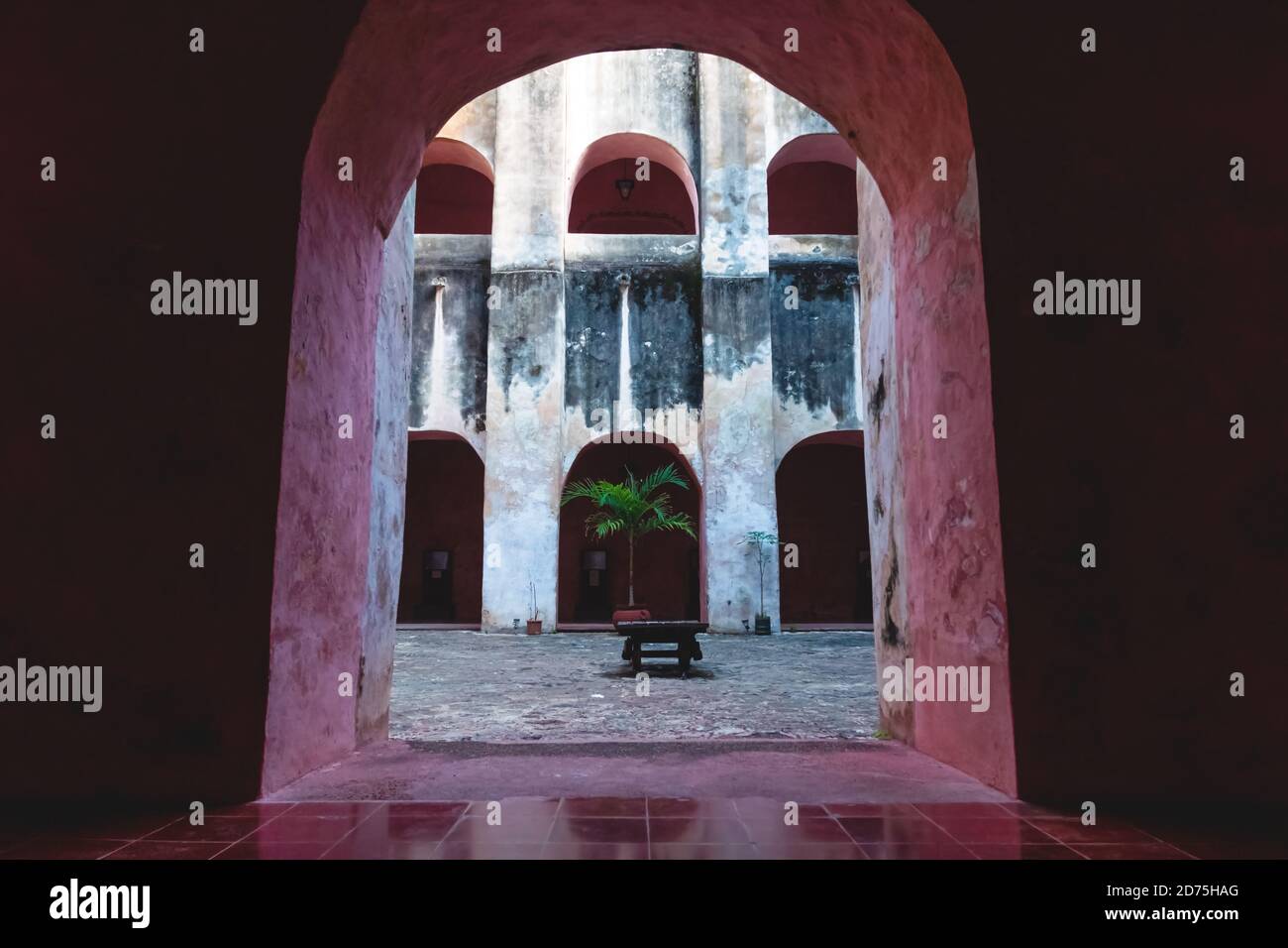 View through arch into patio with palm tree in the former monestary ...