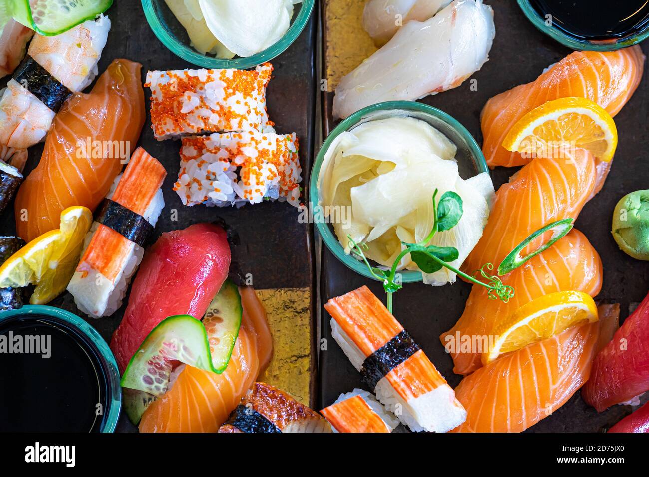 Different types of Sushi sashimi rolls big sushi set close up Stock ...