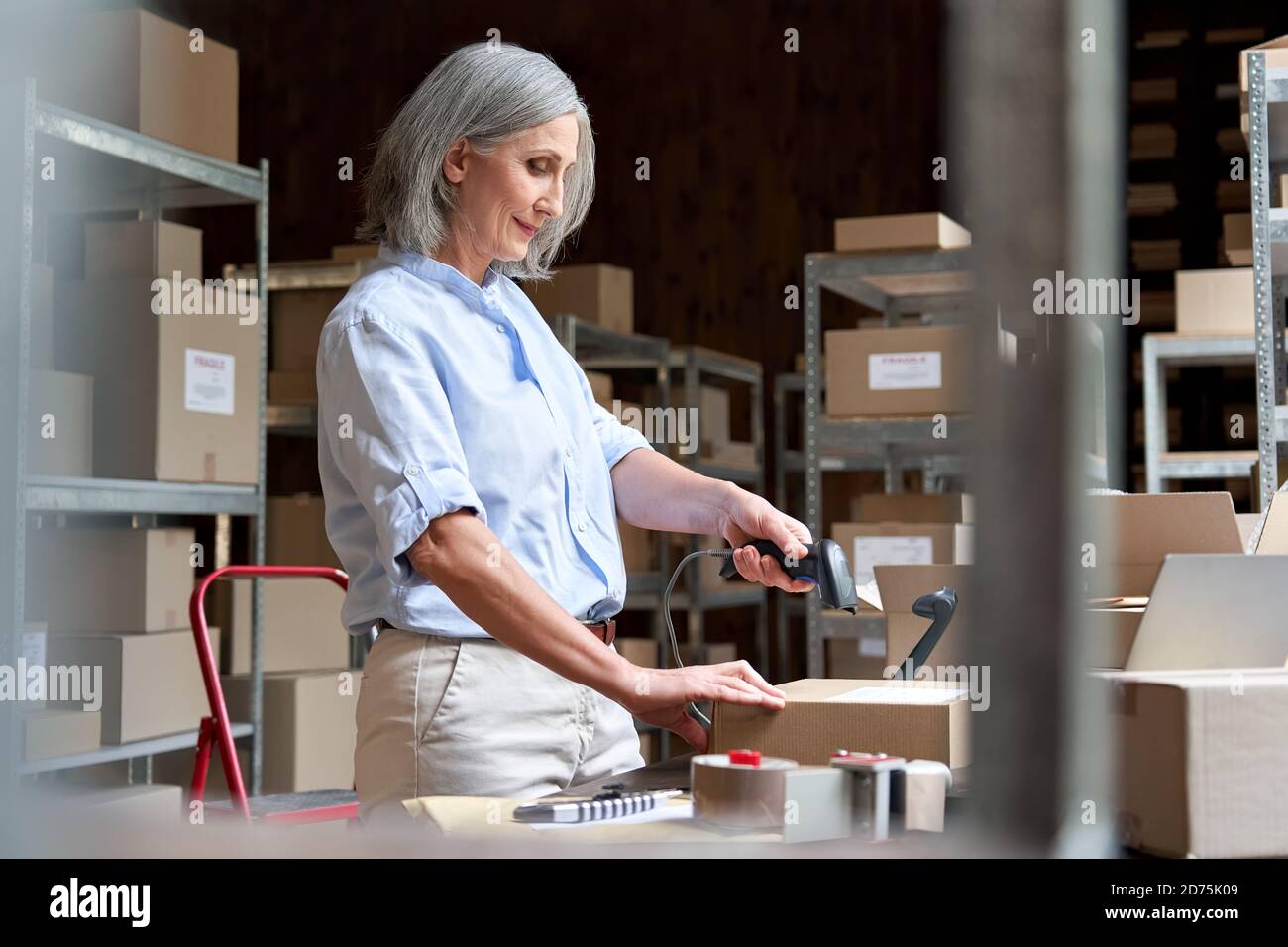 Mature female online store business owner scanning parcel shipping box ...