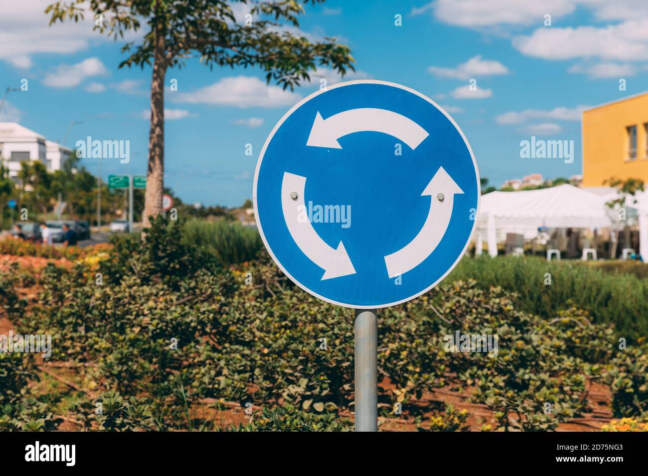 Close-up view of blue and white roundabout sign on the street with ...