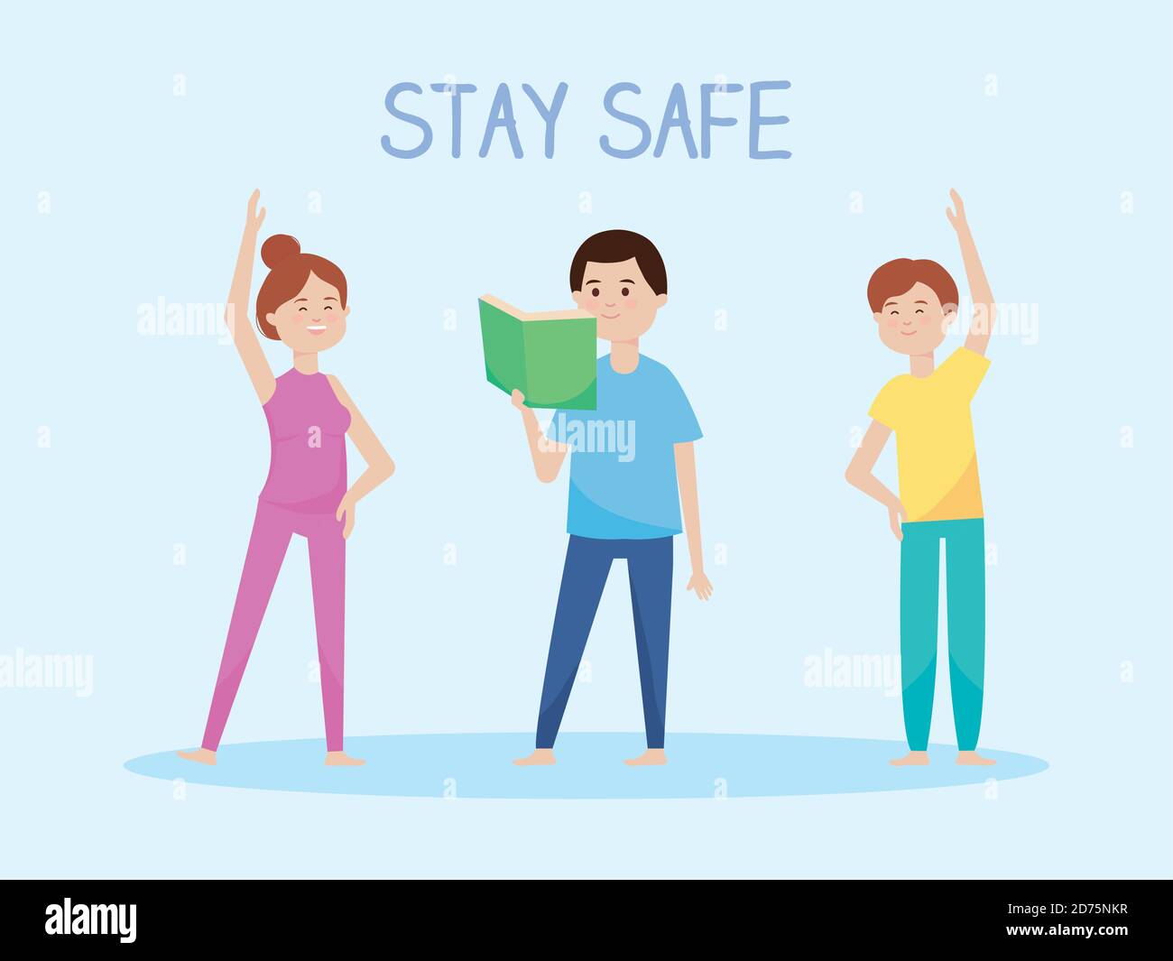 stay safe, people reading a book, practicing exercises during covid 19 ...