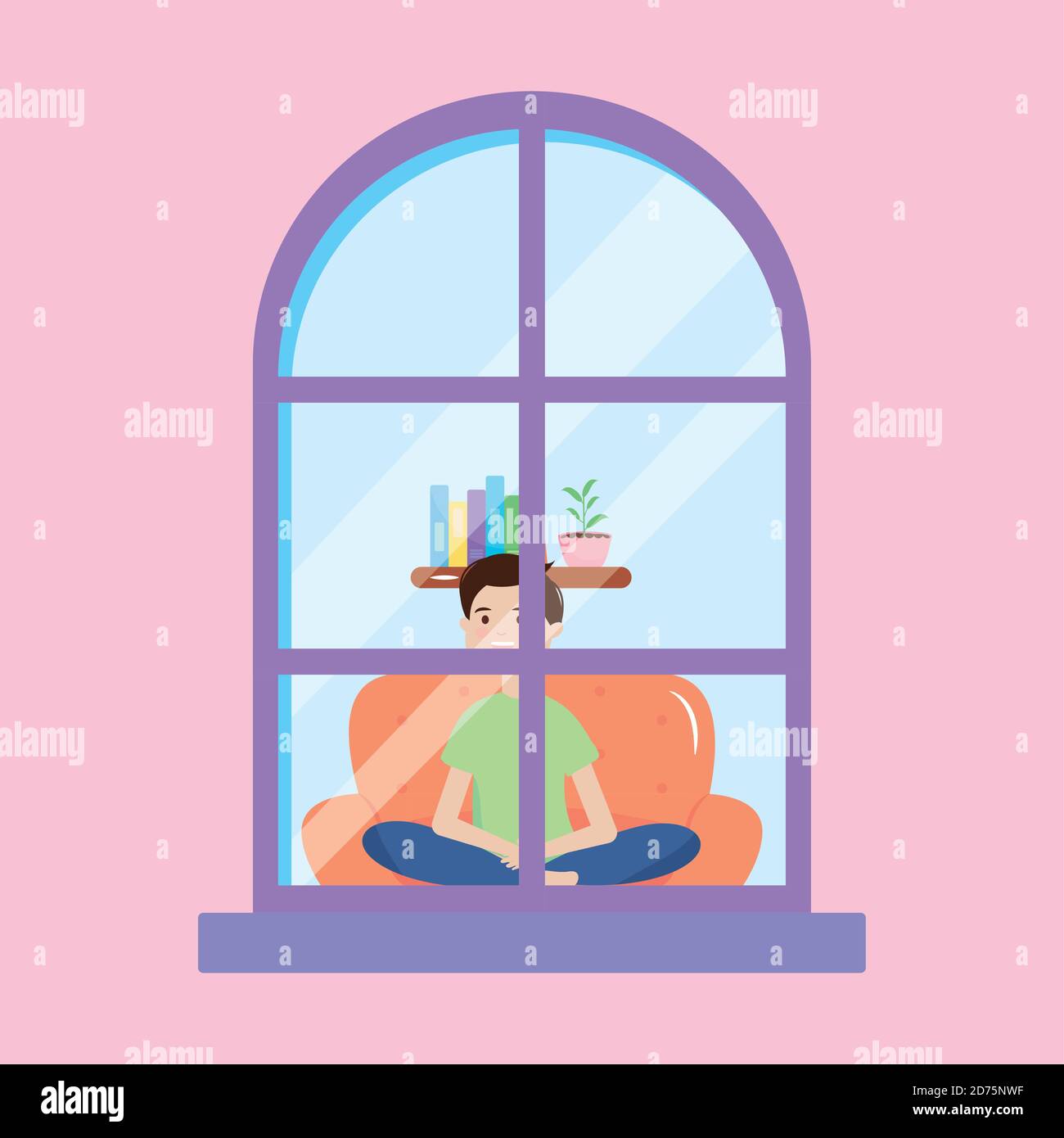 stay safe, young sitting on chair looking out the window, during covid ...