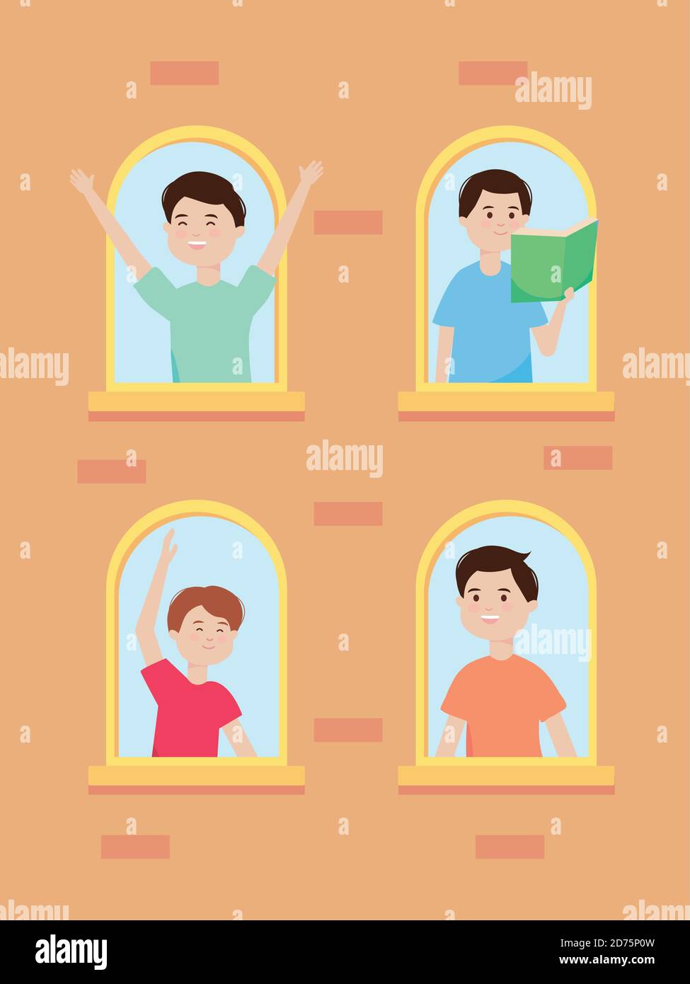 stay safe, exterior building with people looking out the windows ...