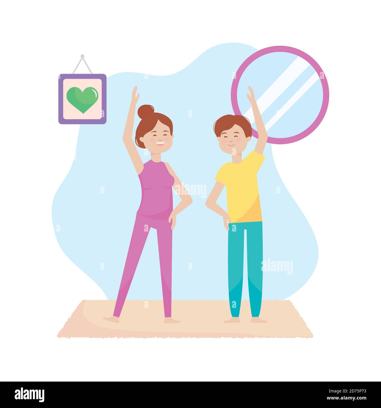 stay safe, cartoon couple making yoga in room, during covid 19 ...
