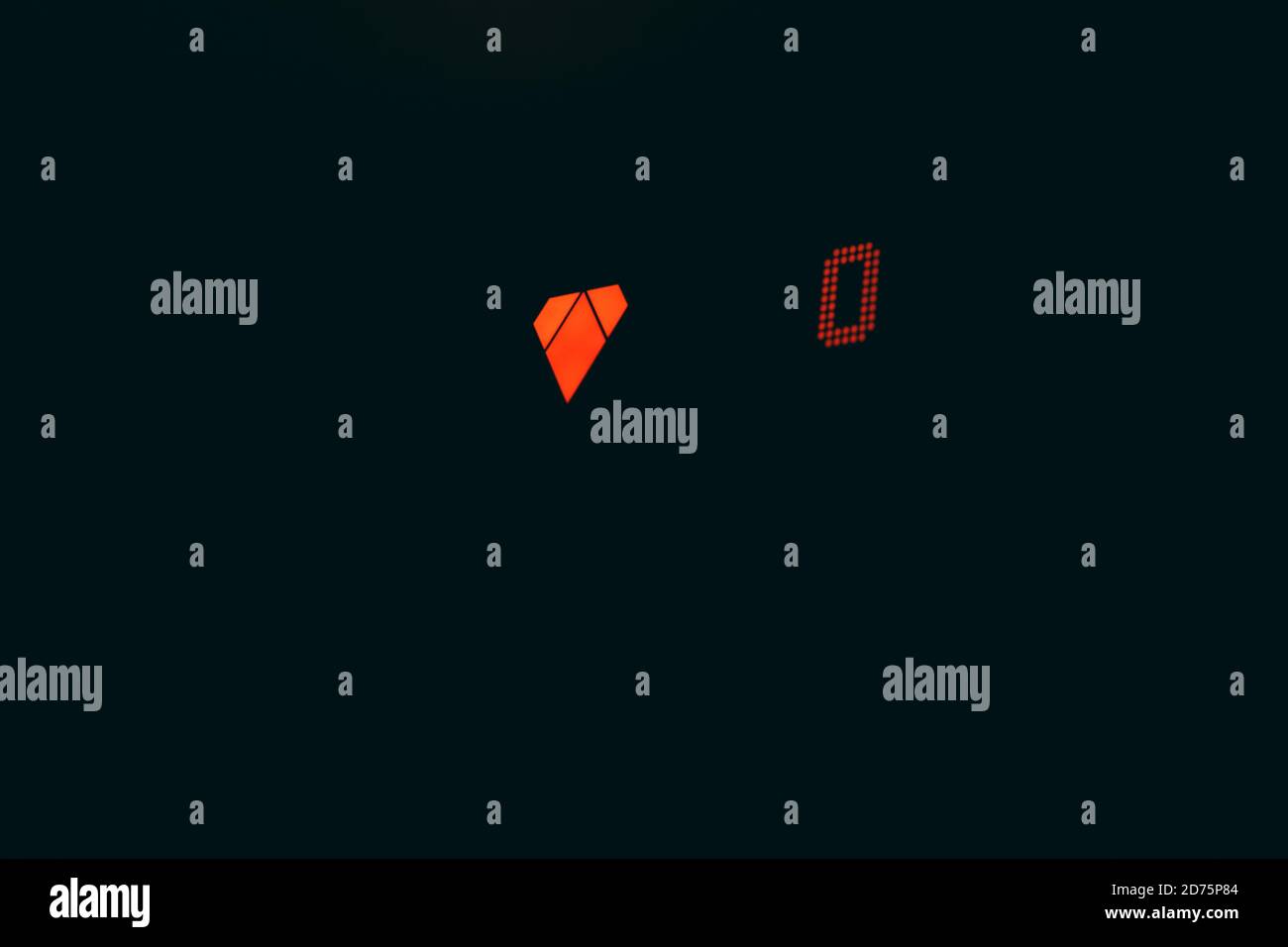 Elevator floor display screen. Monitor show orange number zero floor ...