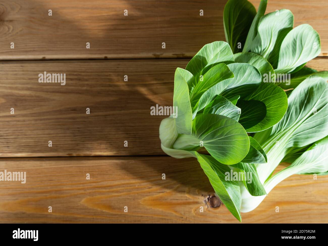 Fresh green bok choy or pac choi chinese cabbage on a brown wooden ...