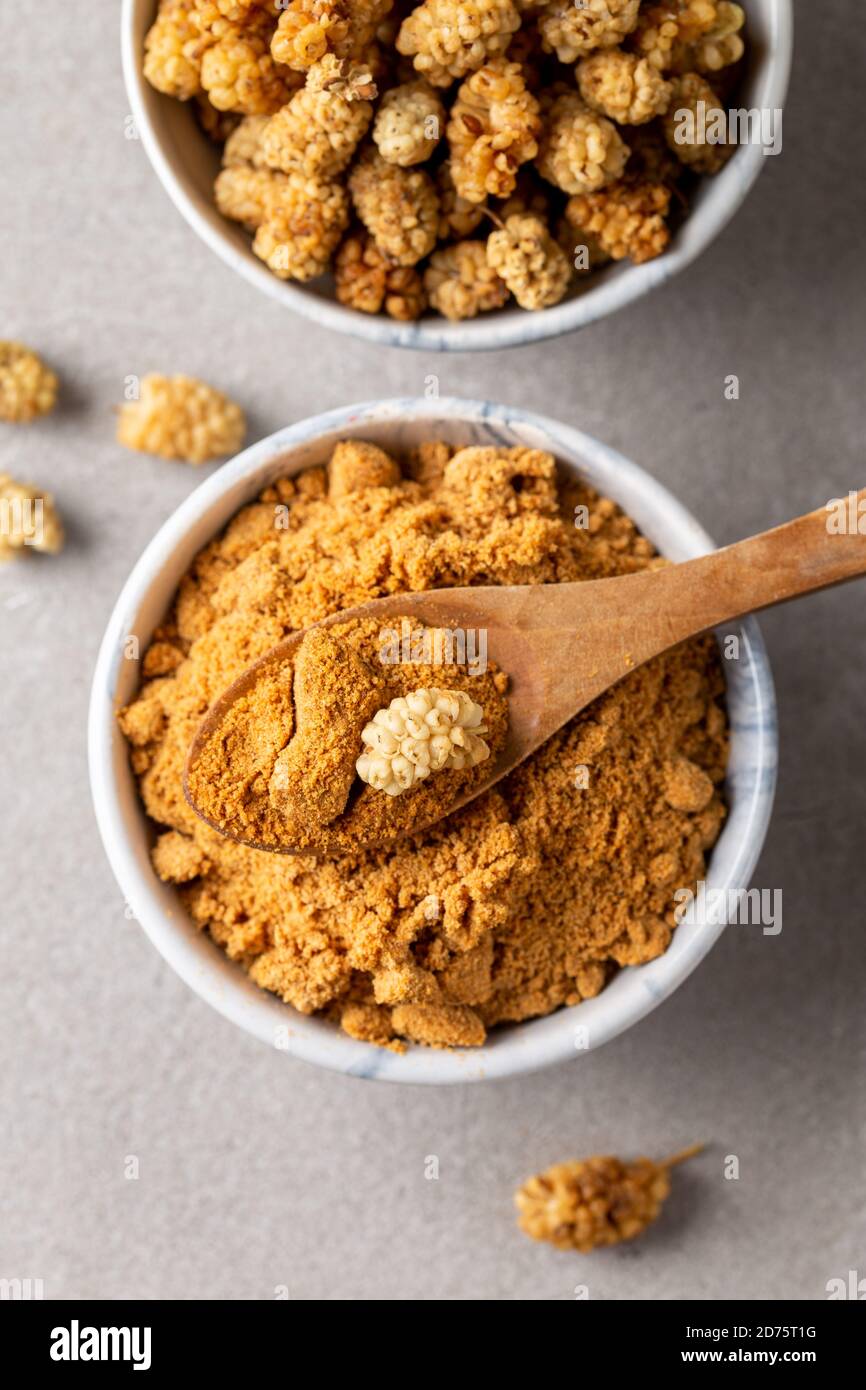 Mulberry Fruit Powder. A bowl of dried mulberry powder and dried ...