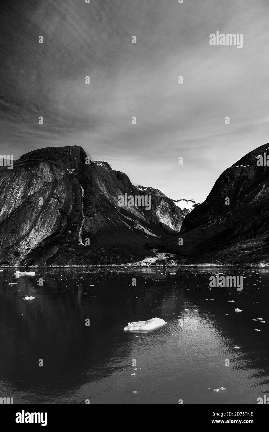 Vertical grayscale shot of lake glaciers and mountains in Alaska Stock ...