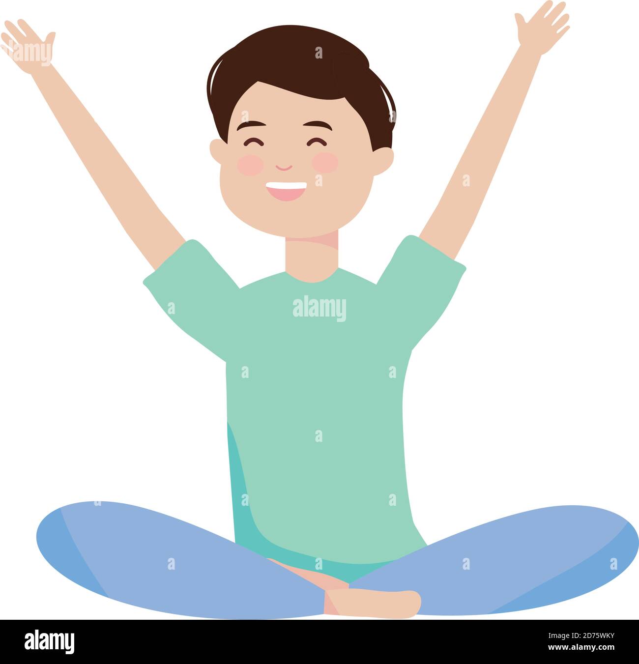 young man hands up sitting meditation pose yoga vector illustration ...