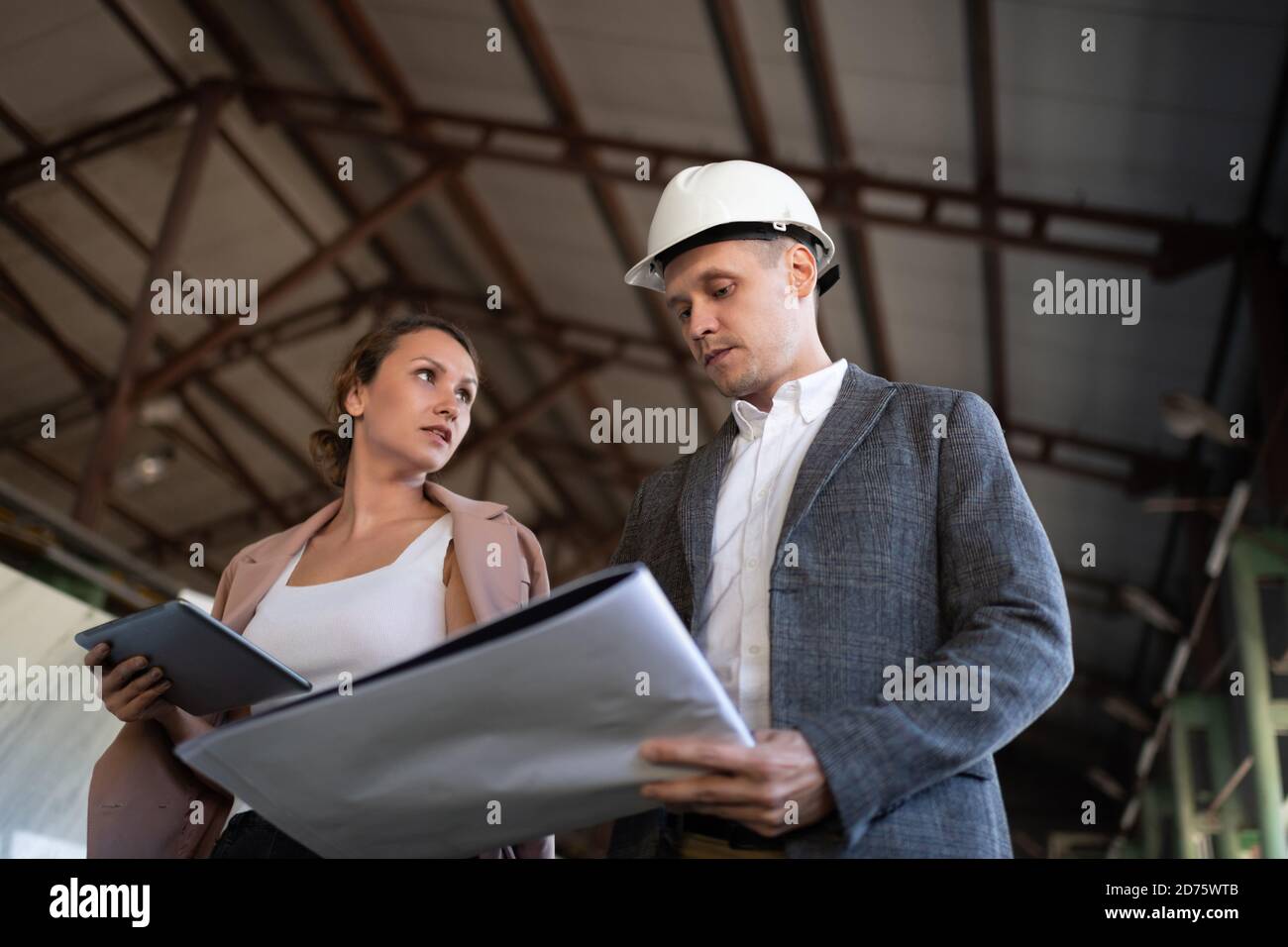 From below of professional male and female engineers working in team ...