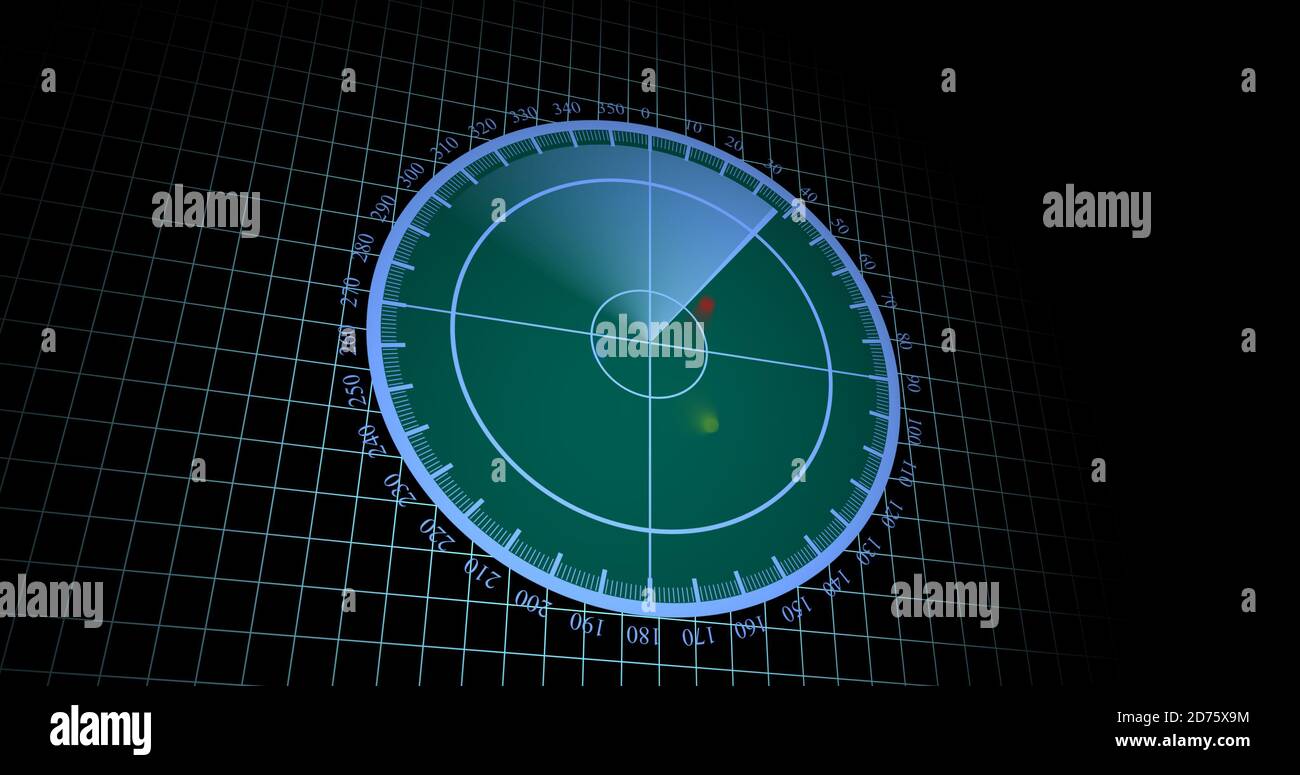 Radar scanner search for enemy aircraft and ship. 3d view of radar scan ...