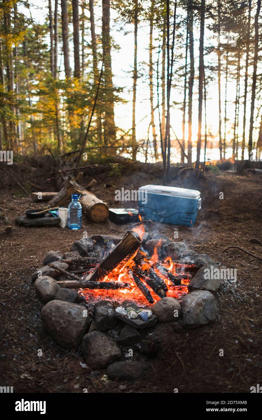 Campfire at sunset while car camping in coastal Maine Stock Photo - Alamy