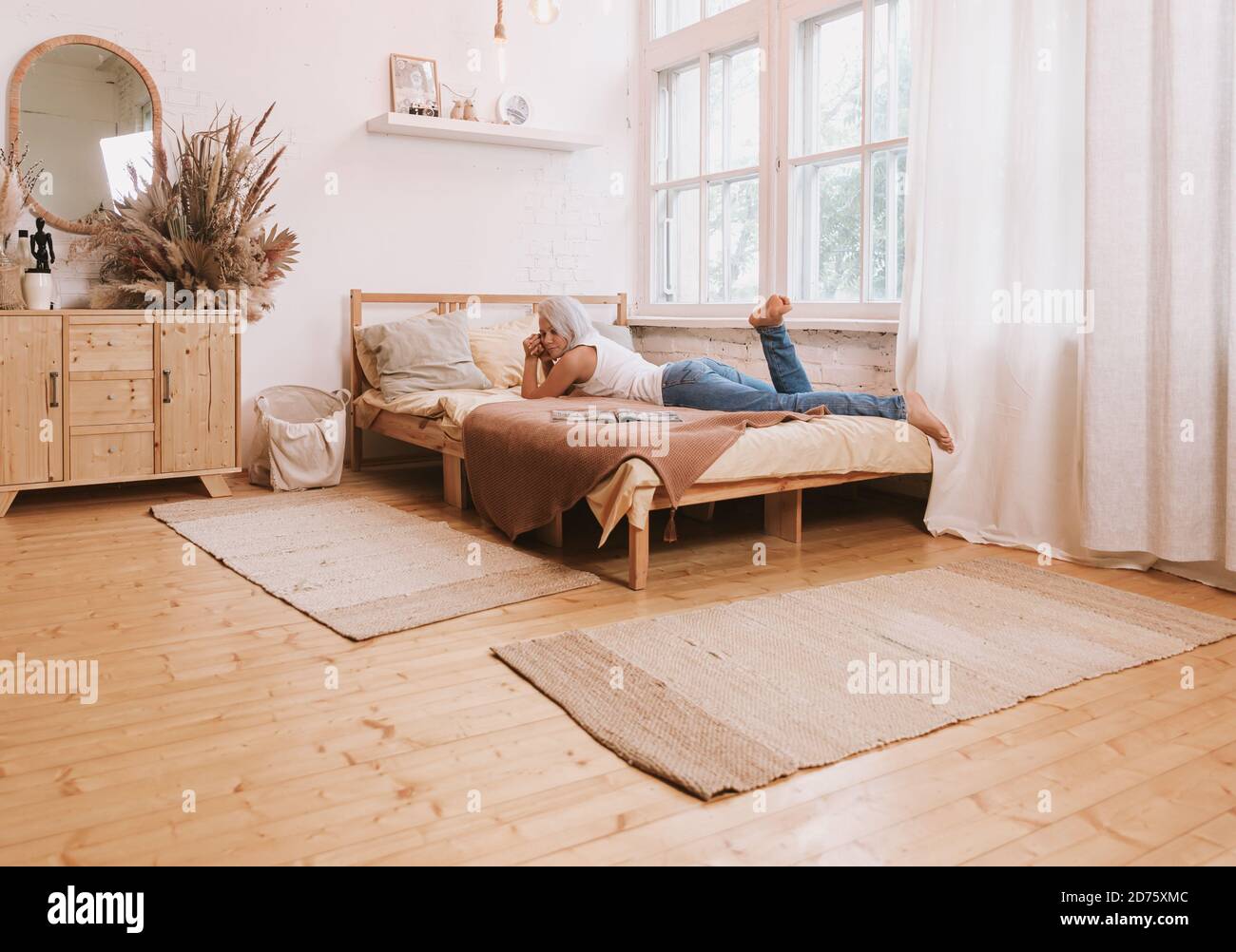 .bright bedroom morning light from the windows Stock Photo - Alamy
