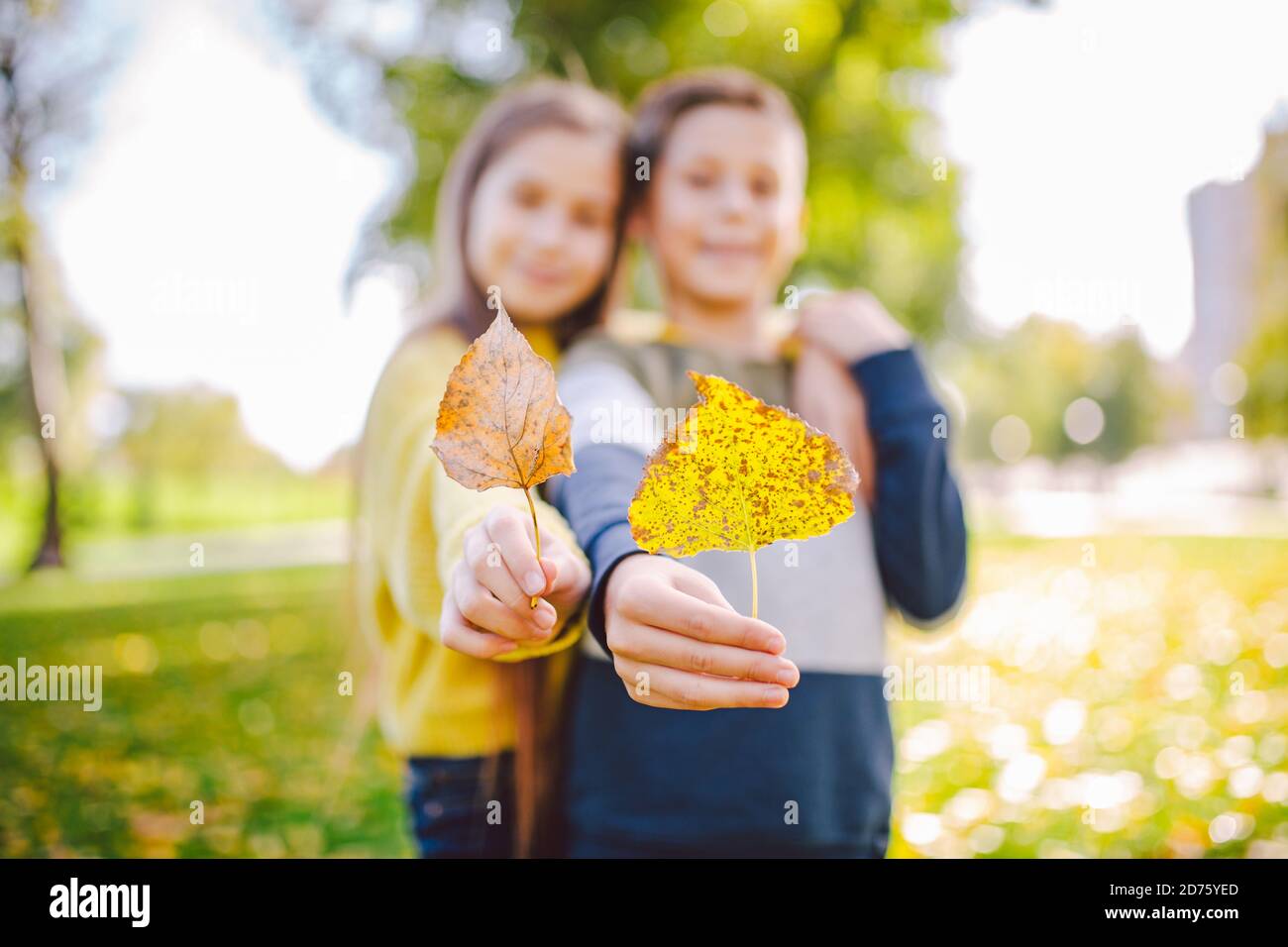 Friendship between siblings. Siblings together outside with bright ...