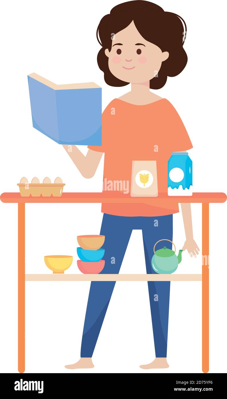 happy woman reading recipes book in the kitchen vector illustration ...