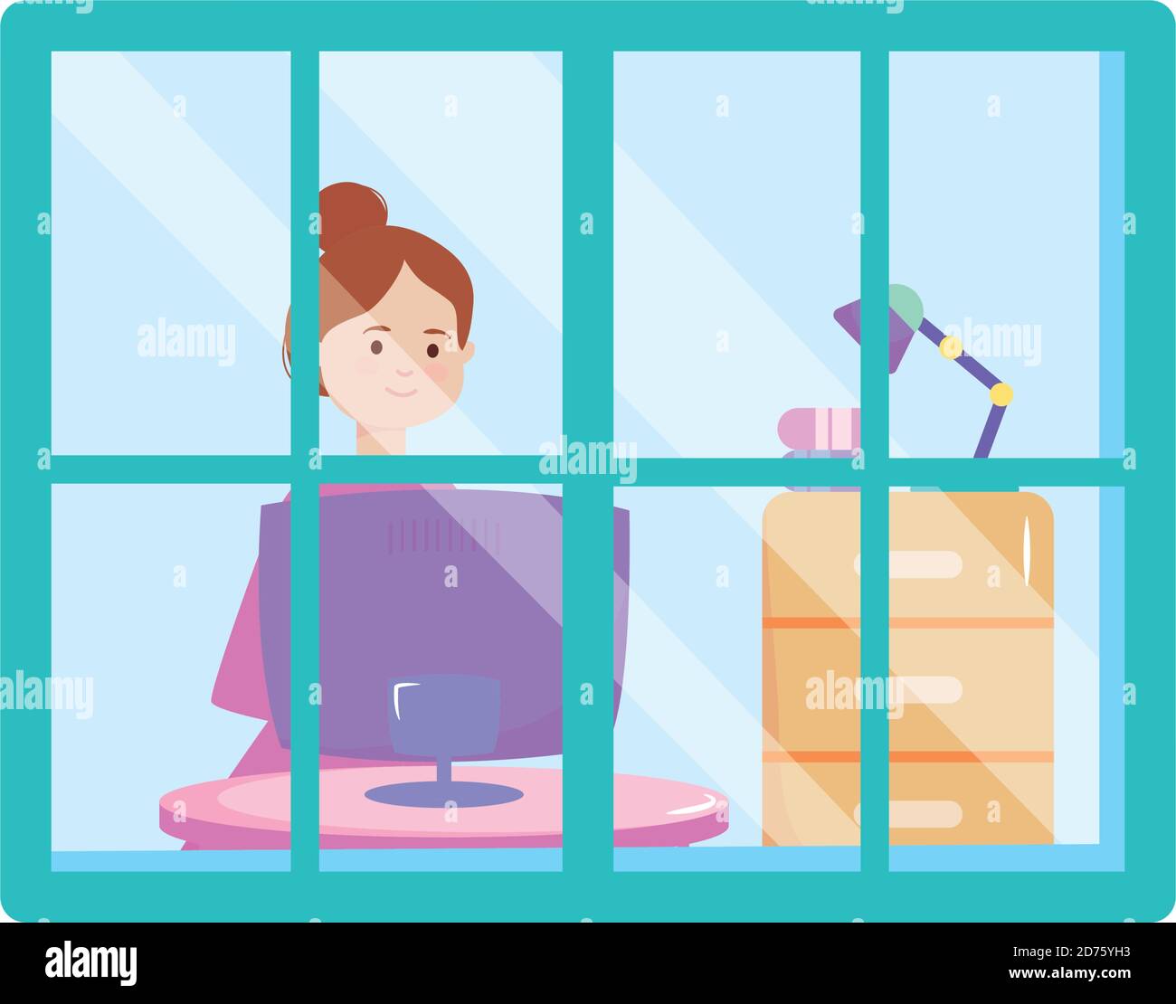 woman working with computer view from the window, activity indoor ...