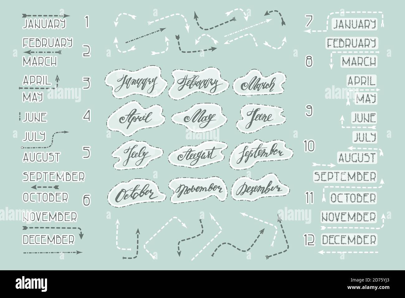 Set of hand drawn lettering and regular type font collection of months ...