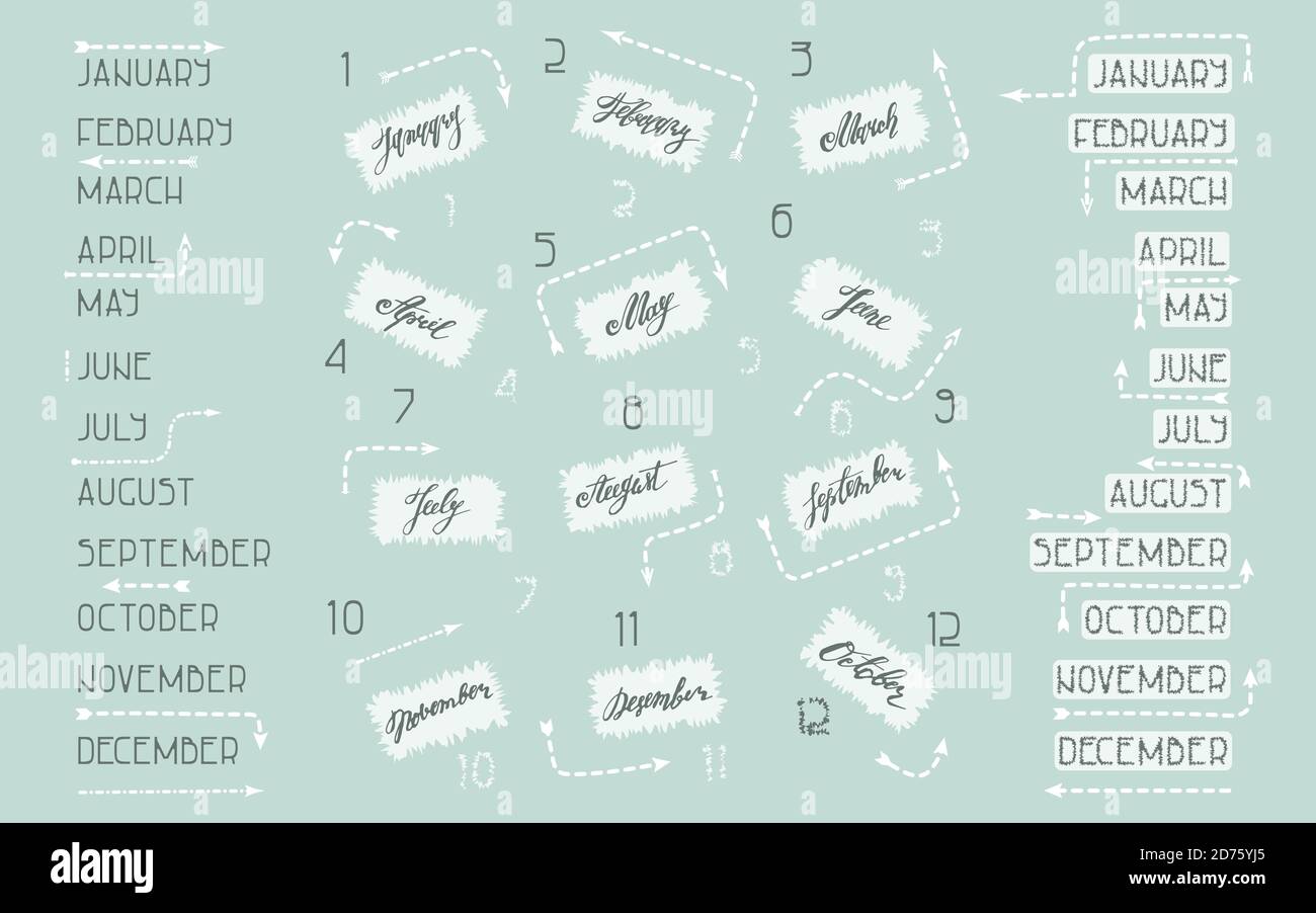 Set of hand drawn lettering and regular type font collection of months ...