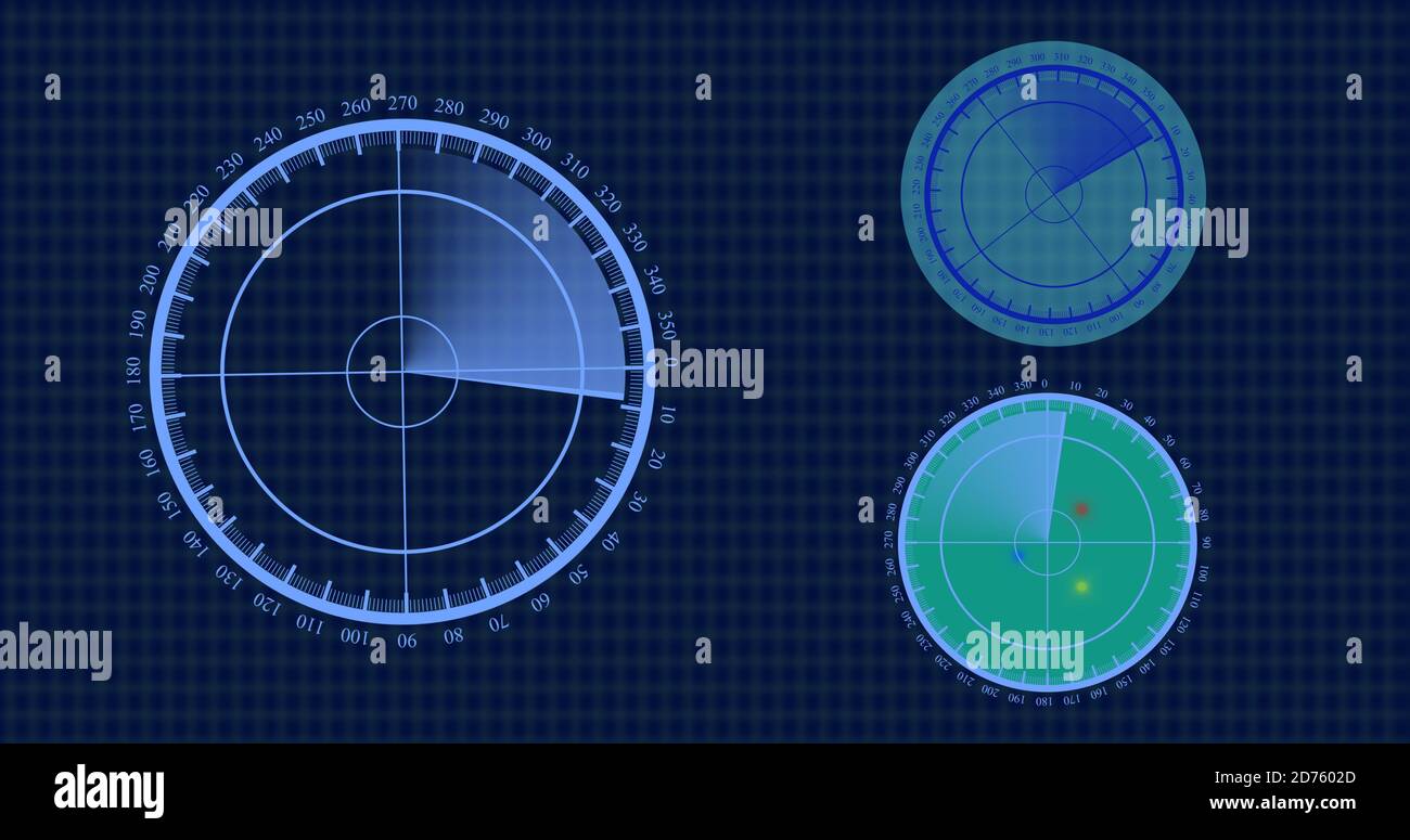 Radar scanner search for enemy aircraft and ship. 3d view of radar scan ...