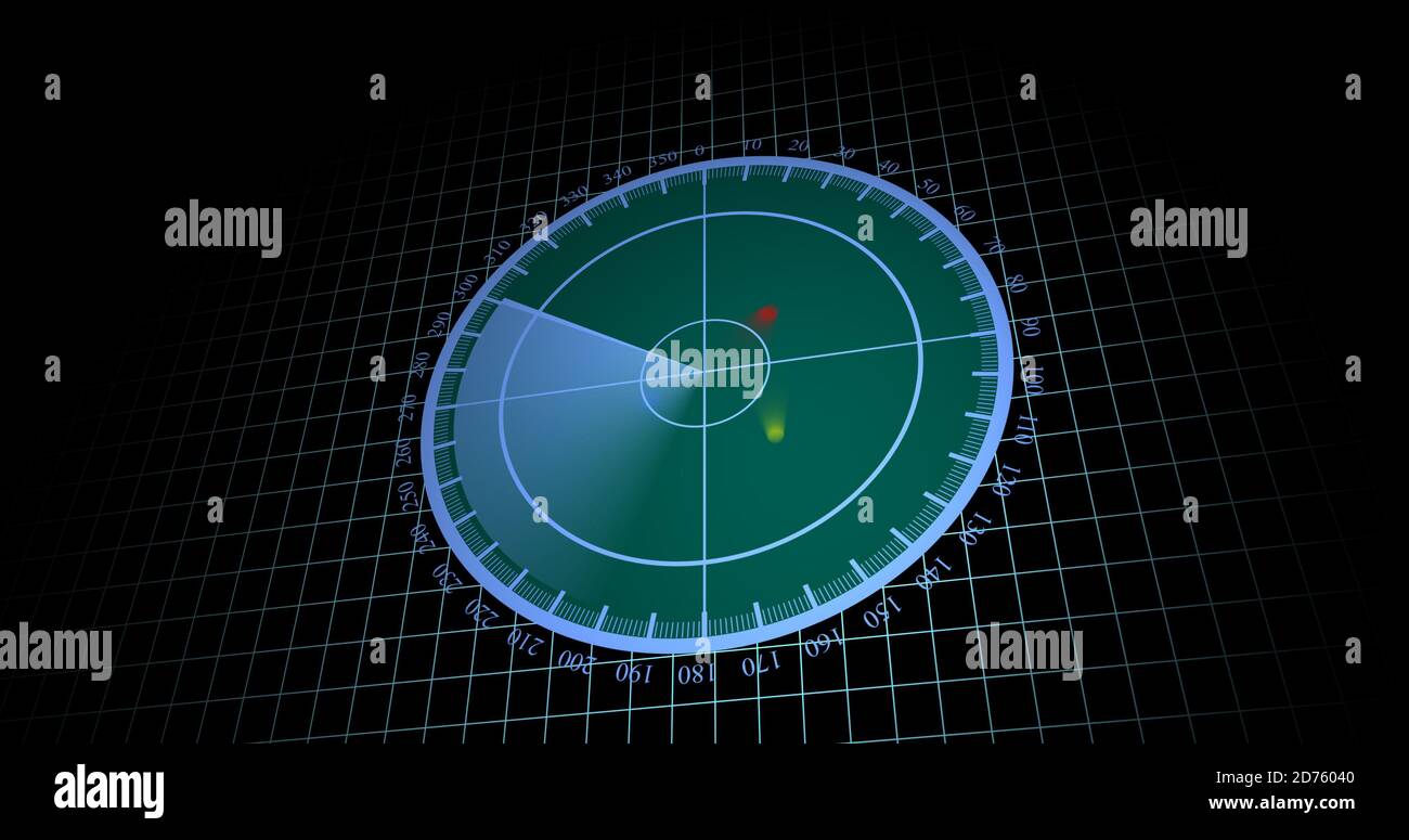Radar scanner search for enemy aircraft and ship. 3d view of radar scan ...