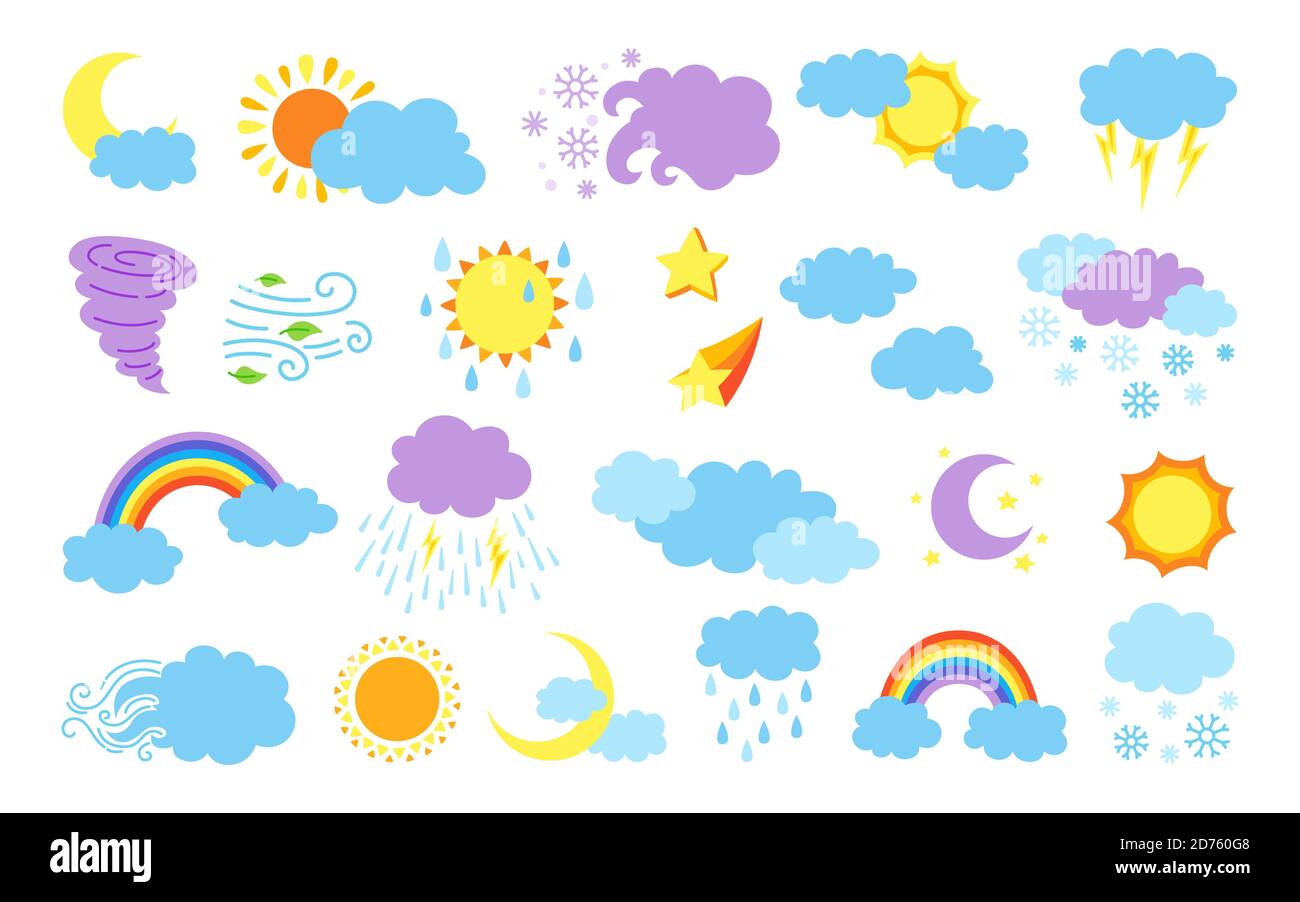 Weather cartoon set. Flat sun and clouds, rain or snow, lightning, moon ...
