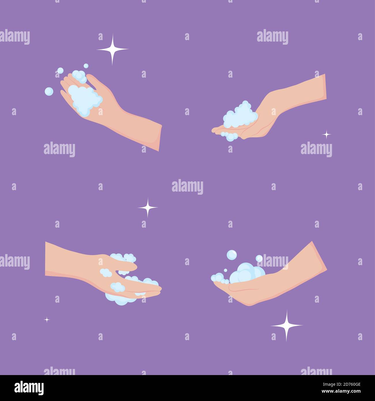 global handwashing day, hands with bubbles washing icons purple ...