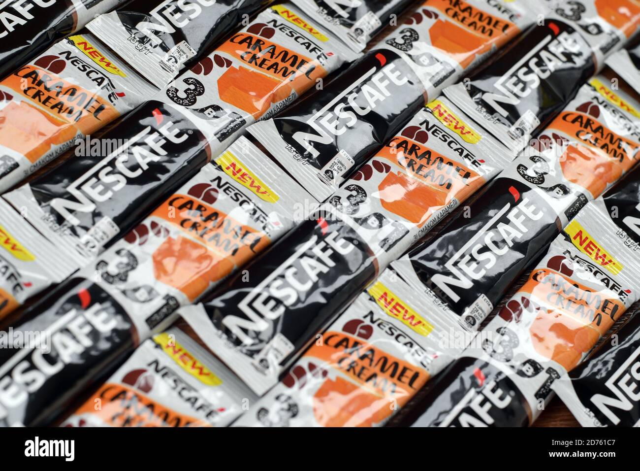 KHARKOV, UKRAINE - MARCH 21, 2020: Many Nescafe caramel cream coffee ...