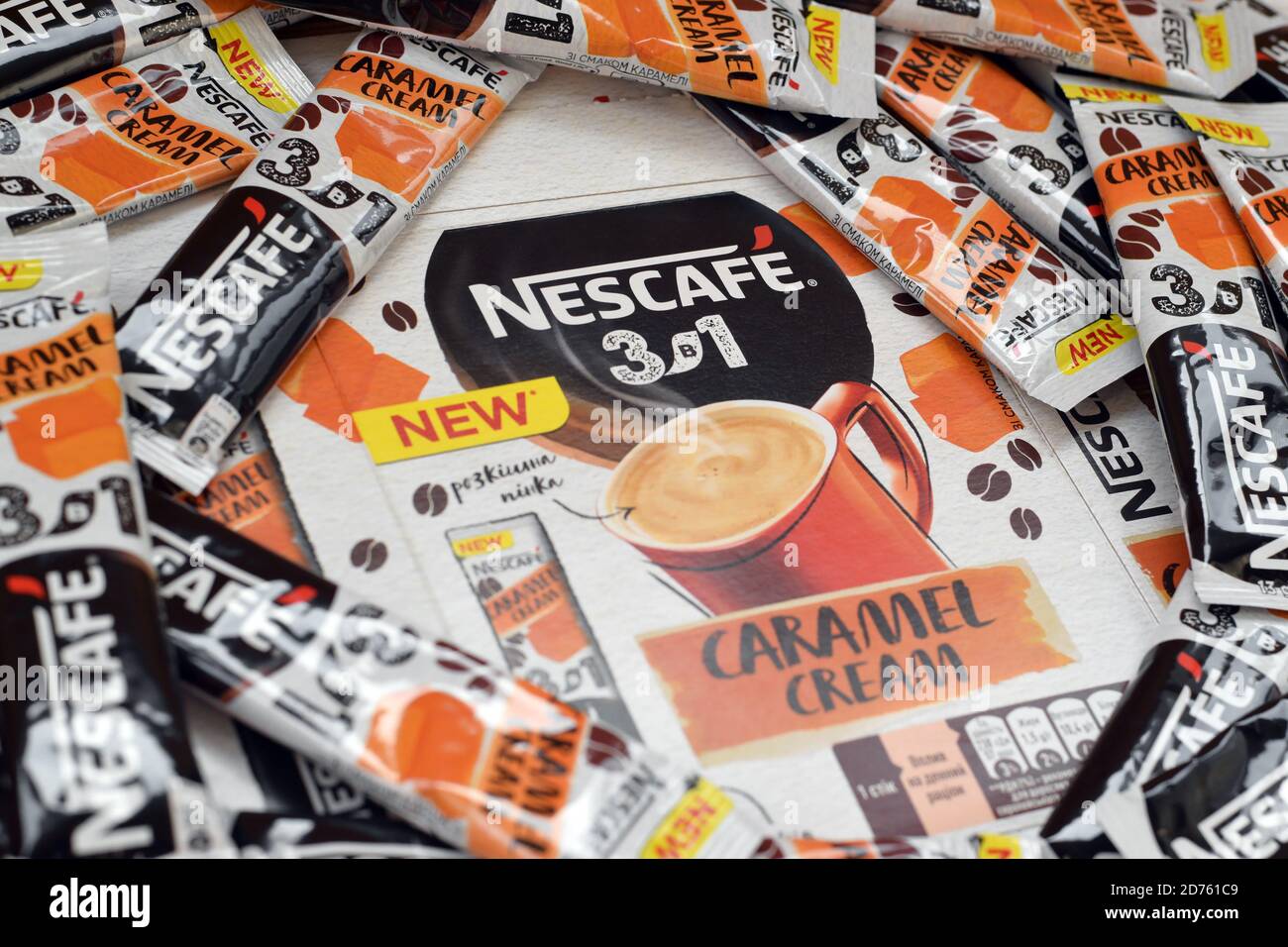 KHARKOV, UKRAINE - MARCH 21, 2020: Many Nescafe caramel cream coffee ...