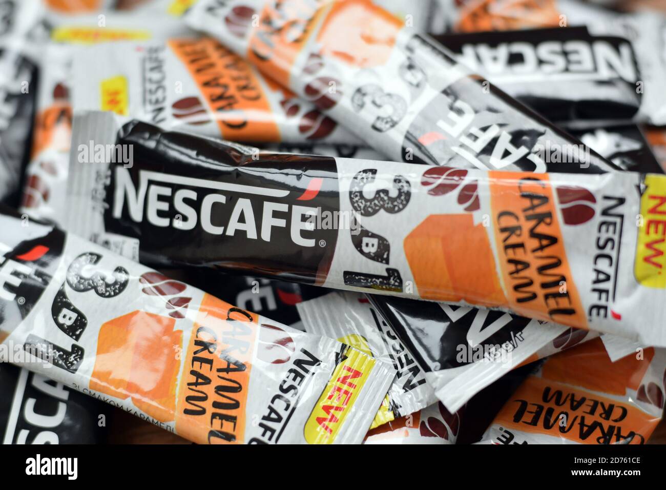 KHARKOV, UKRAINE - MARCH 21, 2020: Many Nescafe caramel cream coffee ...
