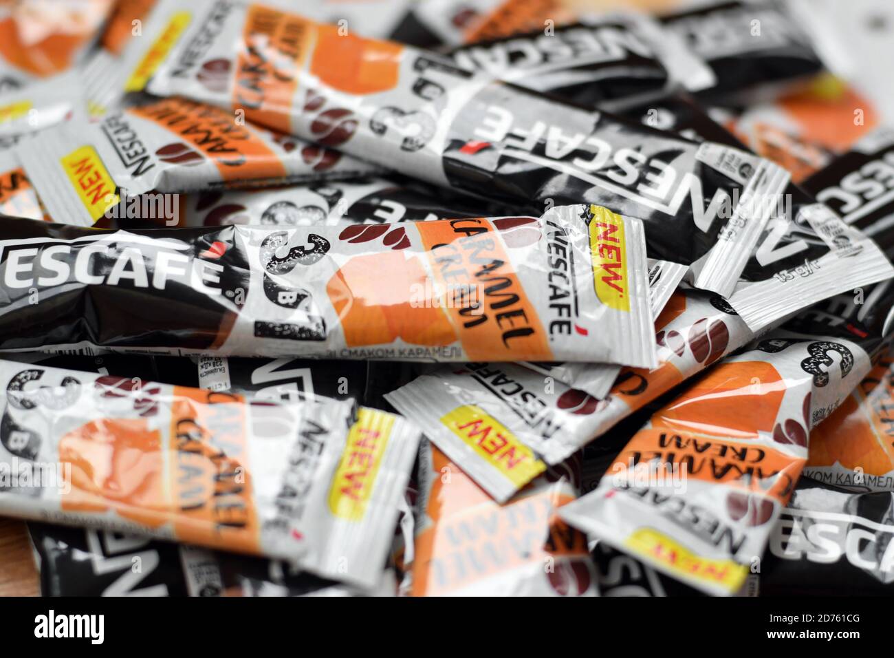 KHARKOV, UKRAINE - MARCH 21, 2020: Many Nescafe caramel cream coffee ...