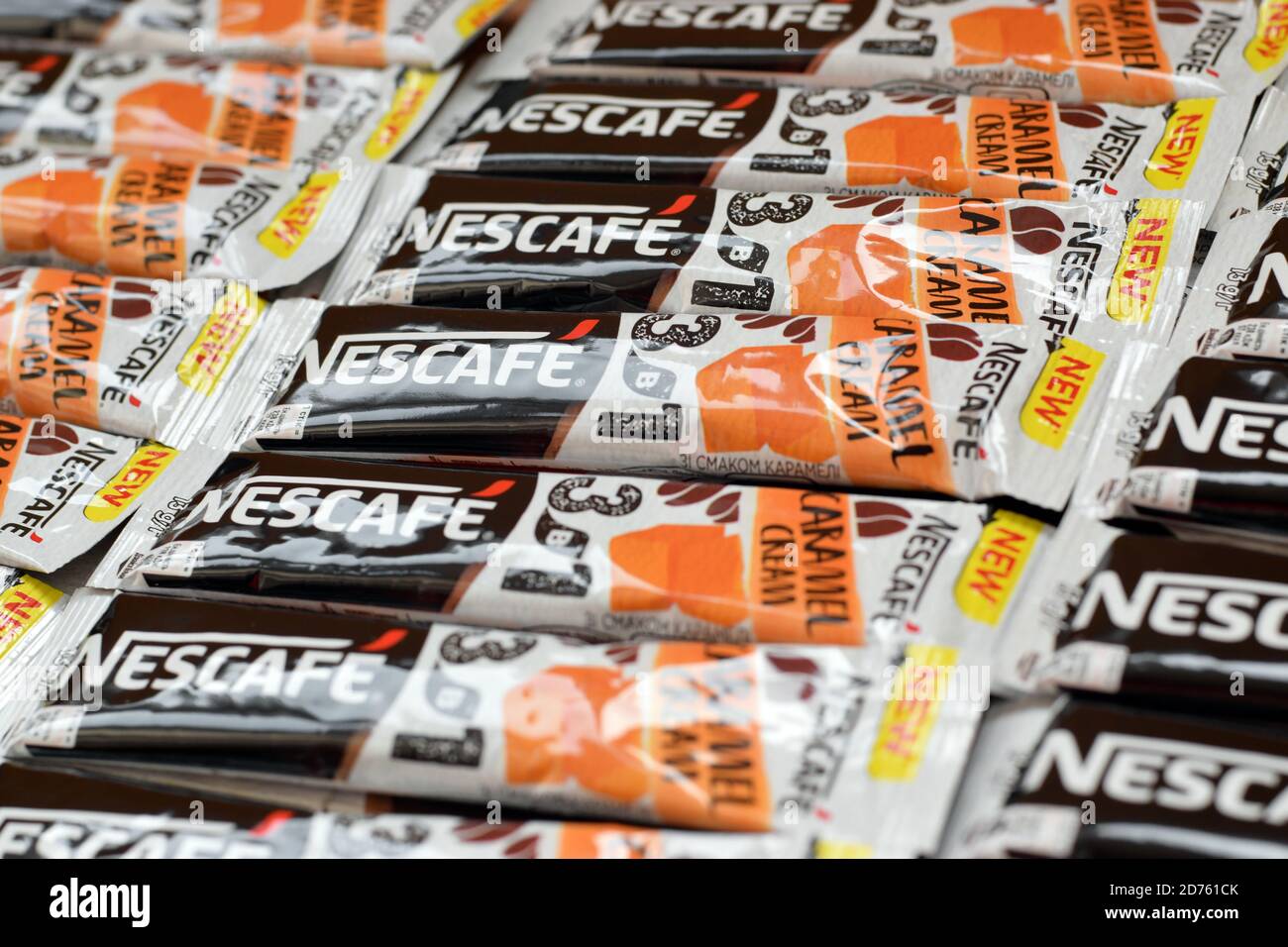 KHARKOV, UKRAINE - MARCH 21, 2020: Many Nescafe caramel cream coffee ...