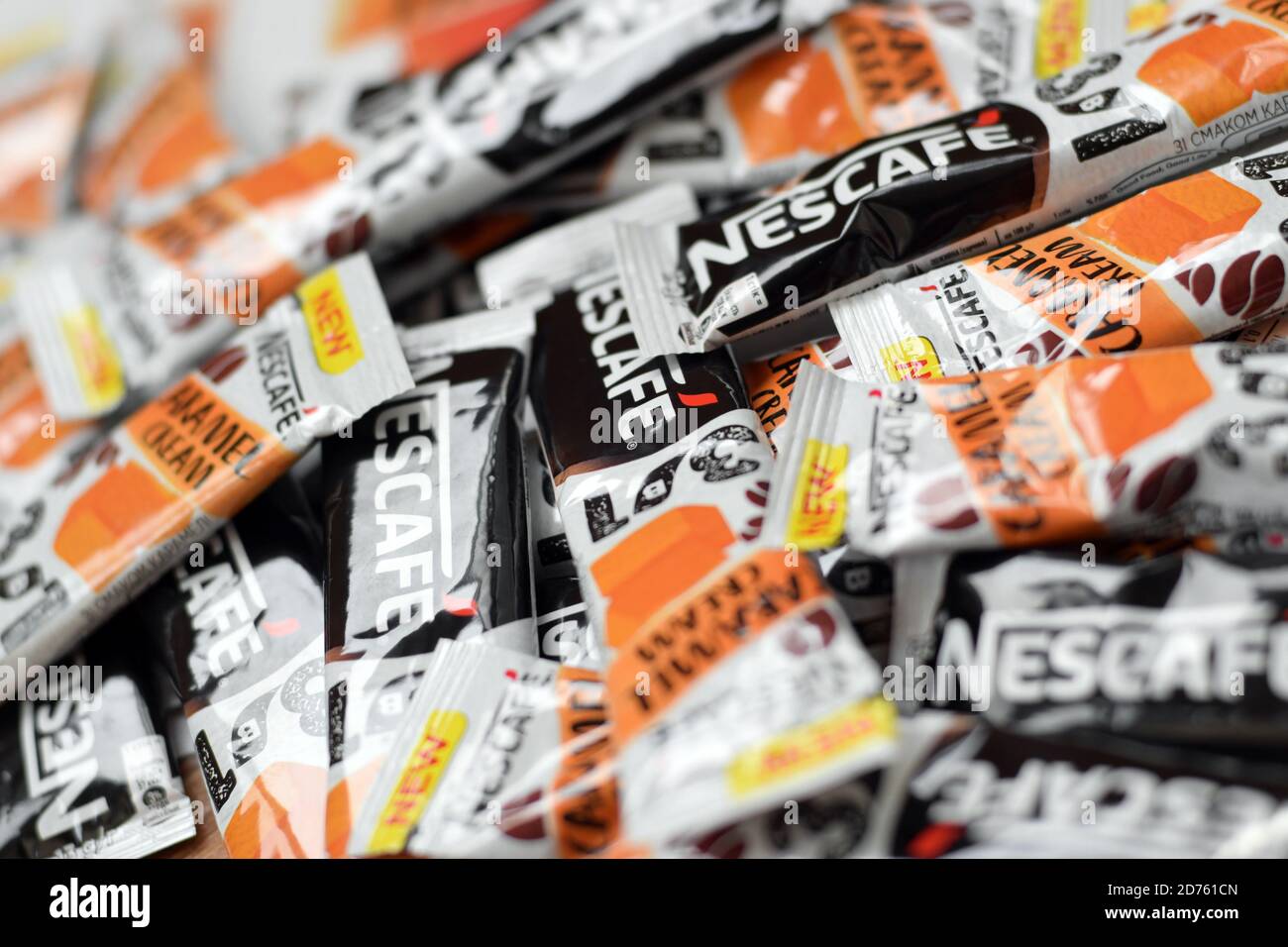KHARKOV, UKRAINE - MARCH 21, 2020: Many Nescafe caramel cream coffee ...