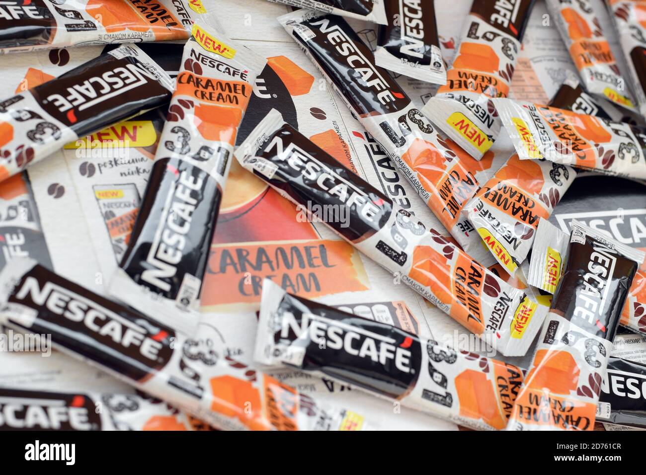 KHARKOV, UKRAINE - MARCH 21, 2020: Many Nescafe caramel cream coffee ...