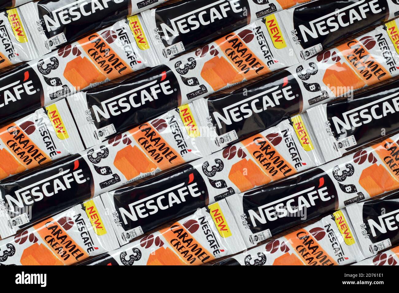 KHARKOV, UKRAINE - MARCH 21, 2020: Many Nescafe caramel cream coffee ...